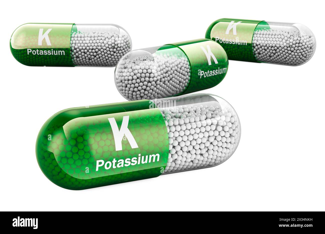 Capsules with Potassium, kalium K. 3D rendering isolated on white ...