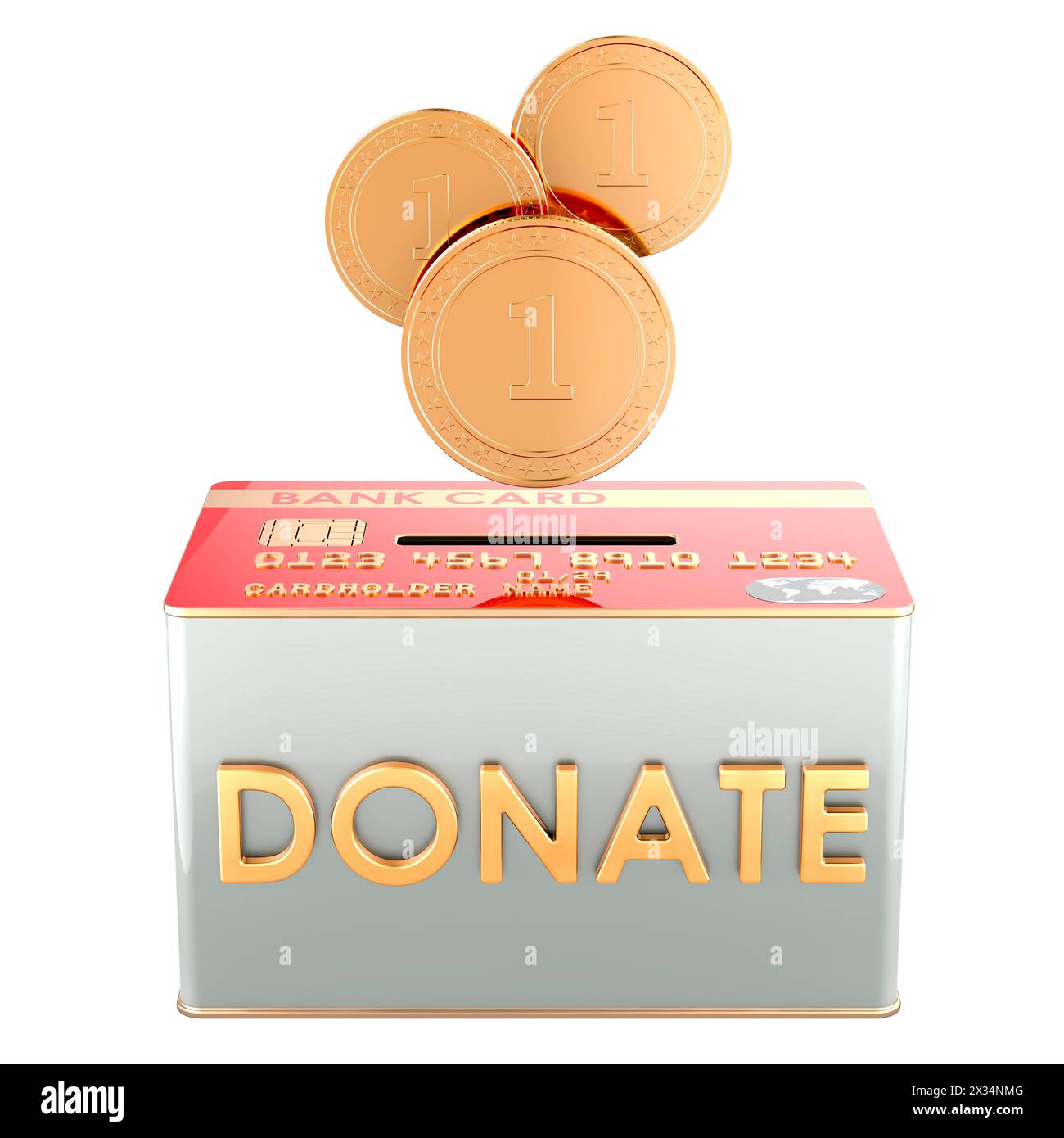 Donation can with credit card and golden coins, 3D rendering isolated ...