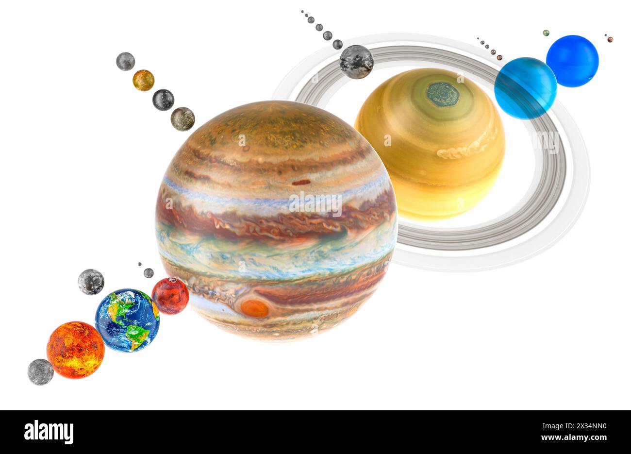 All Planets of Solar system with satellites. 3D rendering isolated on ...