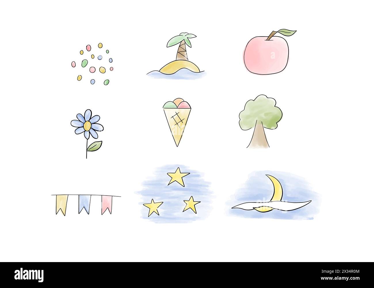 Set of watercolor doodle elements, vector illustration Stock Vector ...