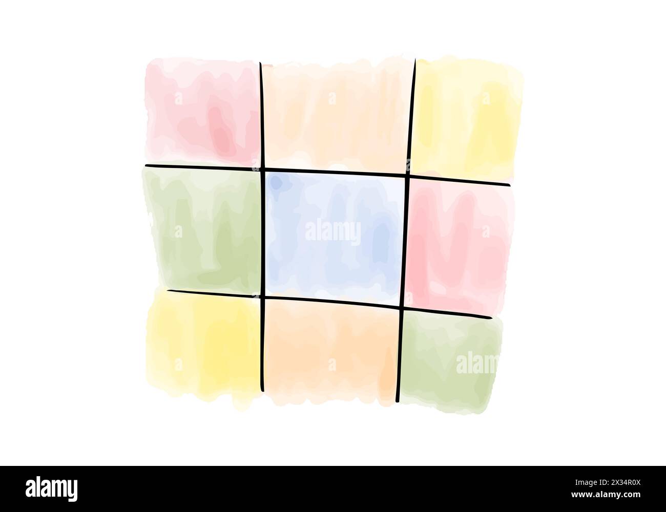 Watercolor doodle element. Grid with colored squares, vector ...