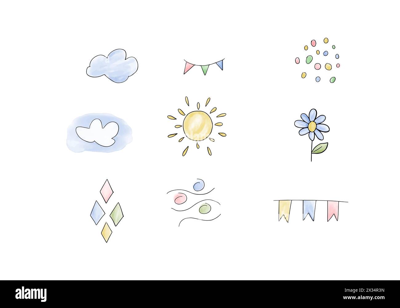 Set of watercolor doodle elements, vector illustration Stock Vector ...
