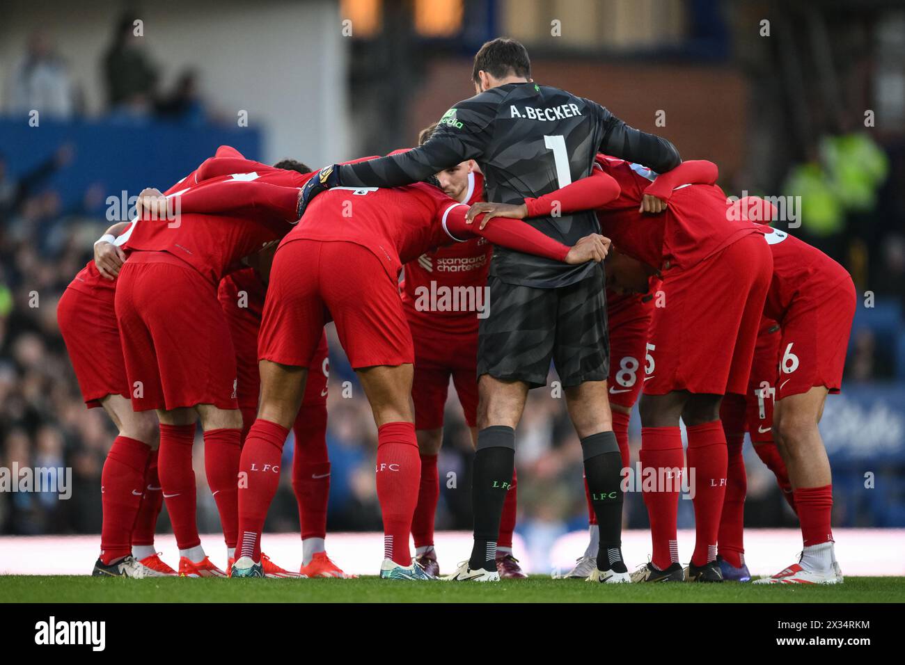 Liverpool players in a group huddle during the Premier League match ...