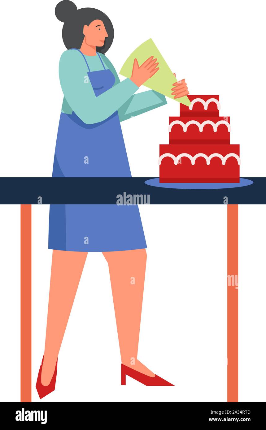 Young woman confectioner decorating big three tiered cake, vector flat ...