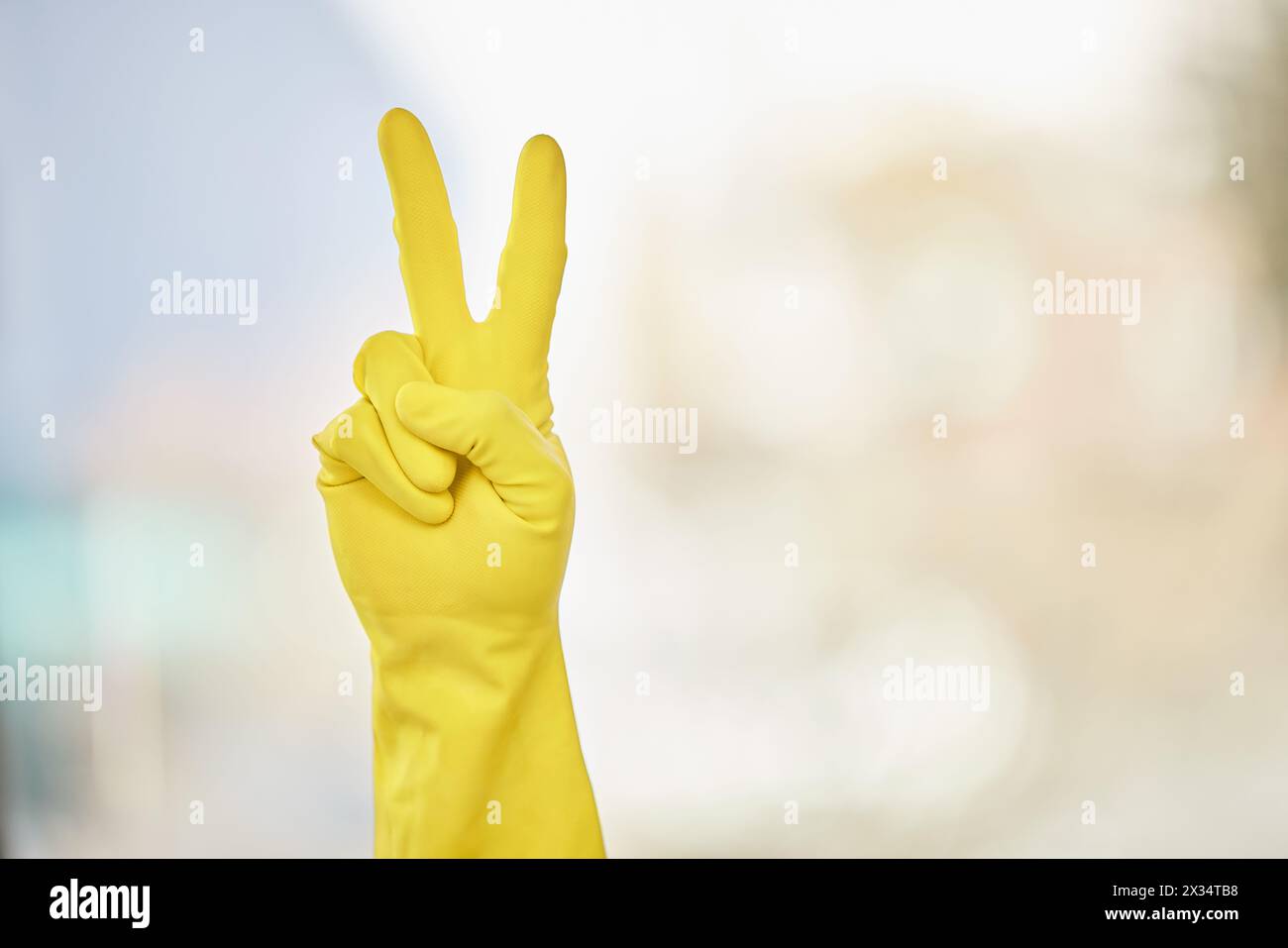 Person, hands or peace sign in gloves for cleaning or good job with ...