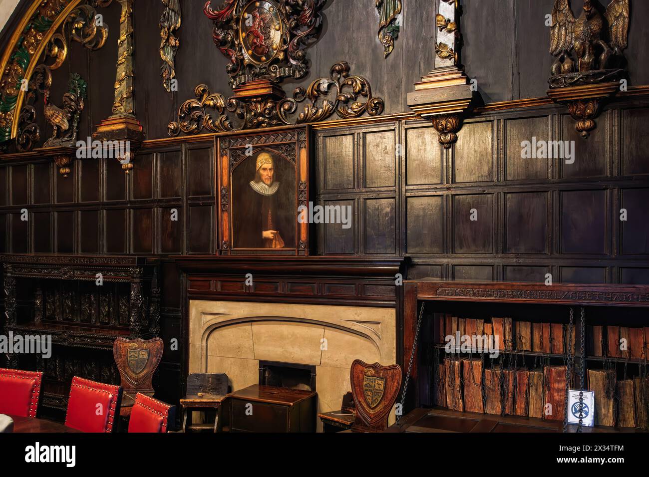 Manchester, UK Chetham 1653 medieval public library interior Stock ...