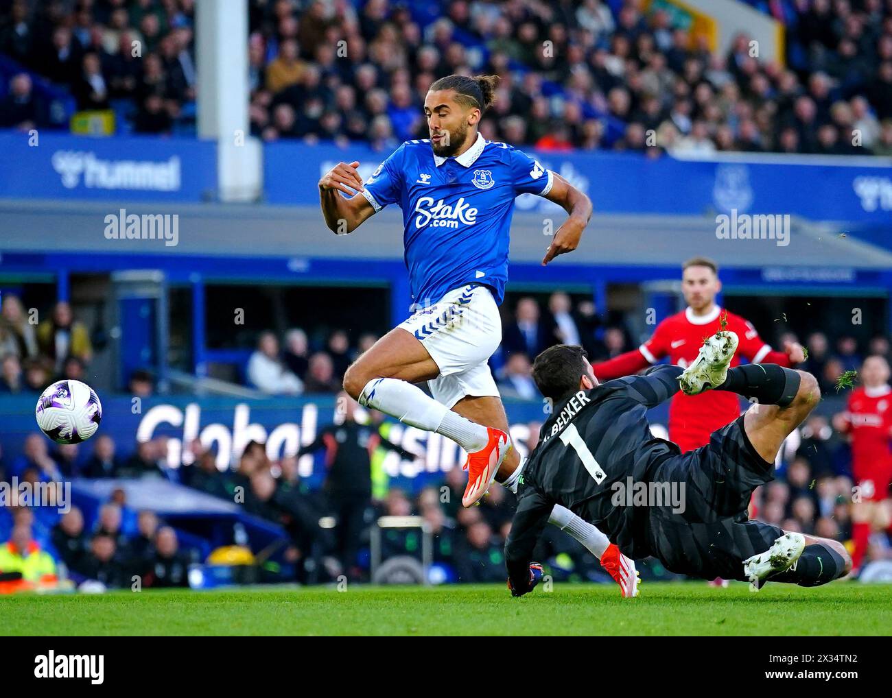 Everton's Dominic Calvert-Lewin is brought down by Liverpool goalkeeper ...