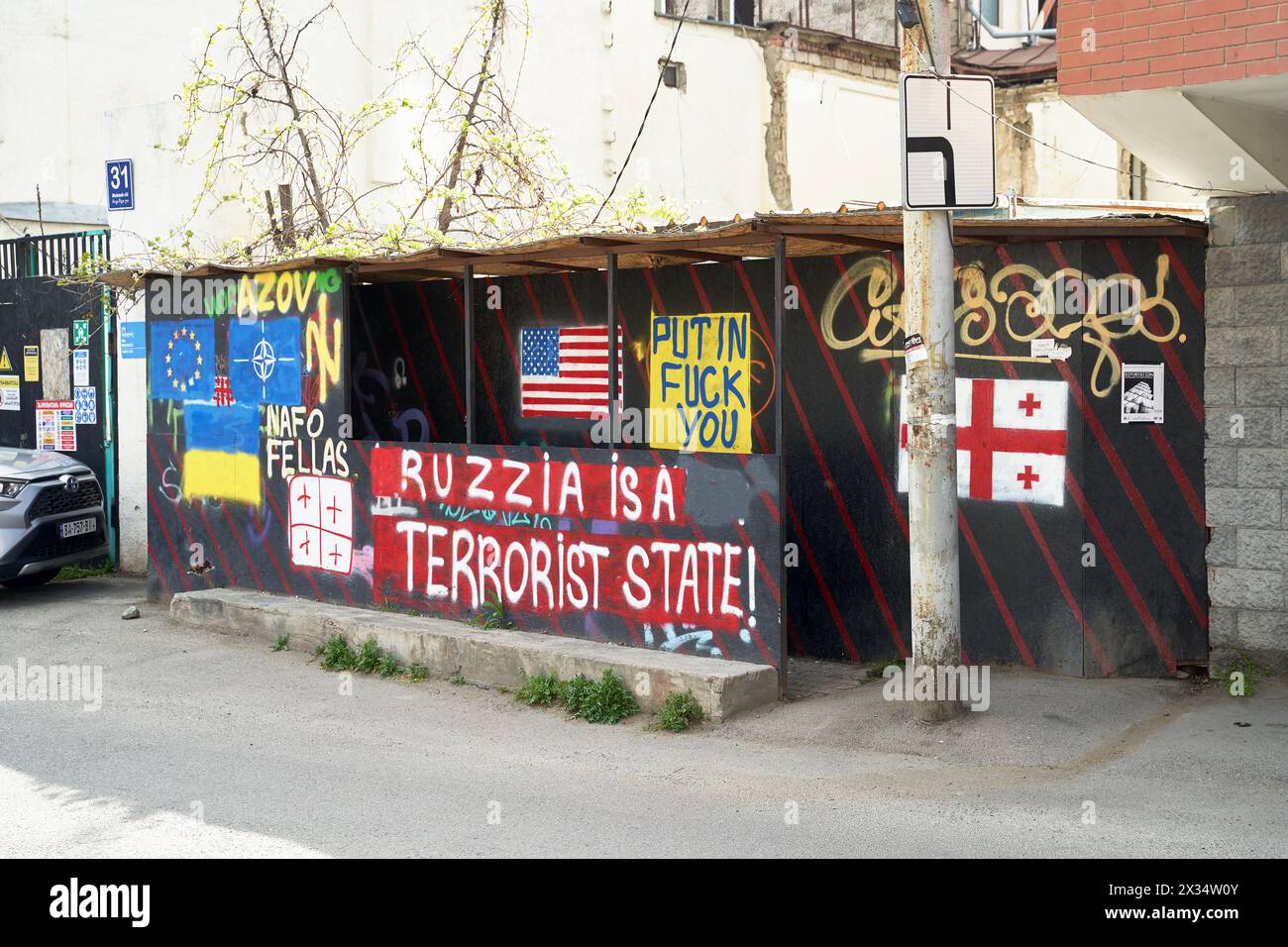 Anti-Russian, pro-Ukrainian, and pro-NATO writings on the bus stop ...