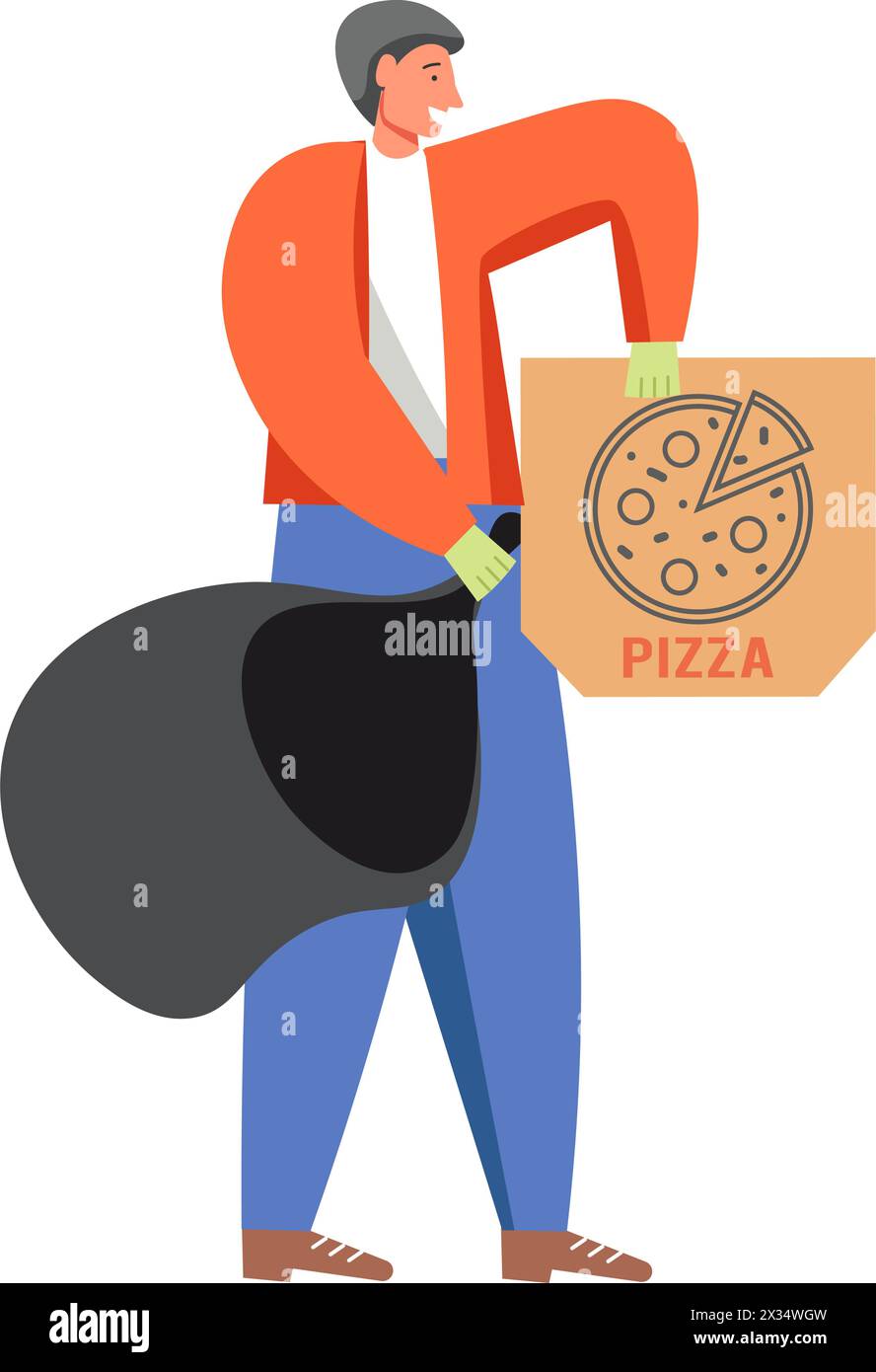 Man volunteer collecting garbage, putting empty pizza box into garbage ...