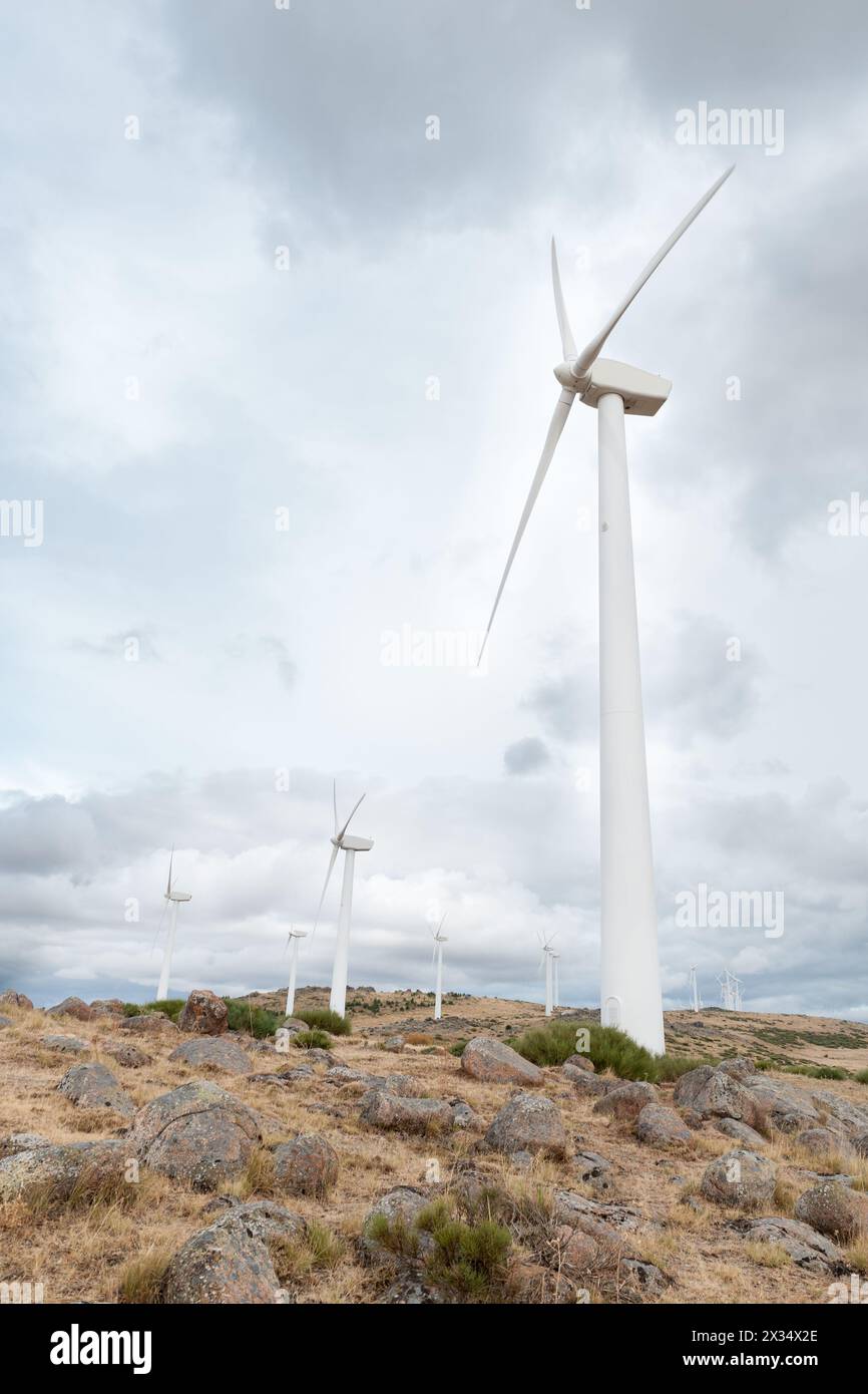 Several windmills on wind farm with blue sky background Stock Photo - Alamy