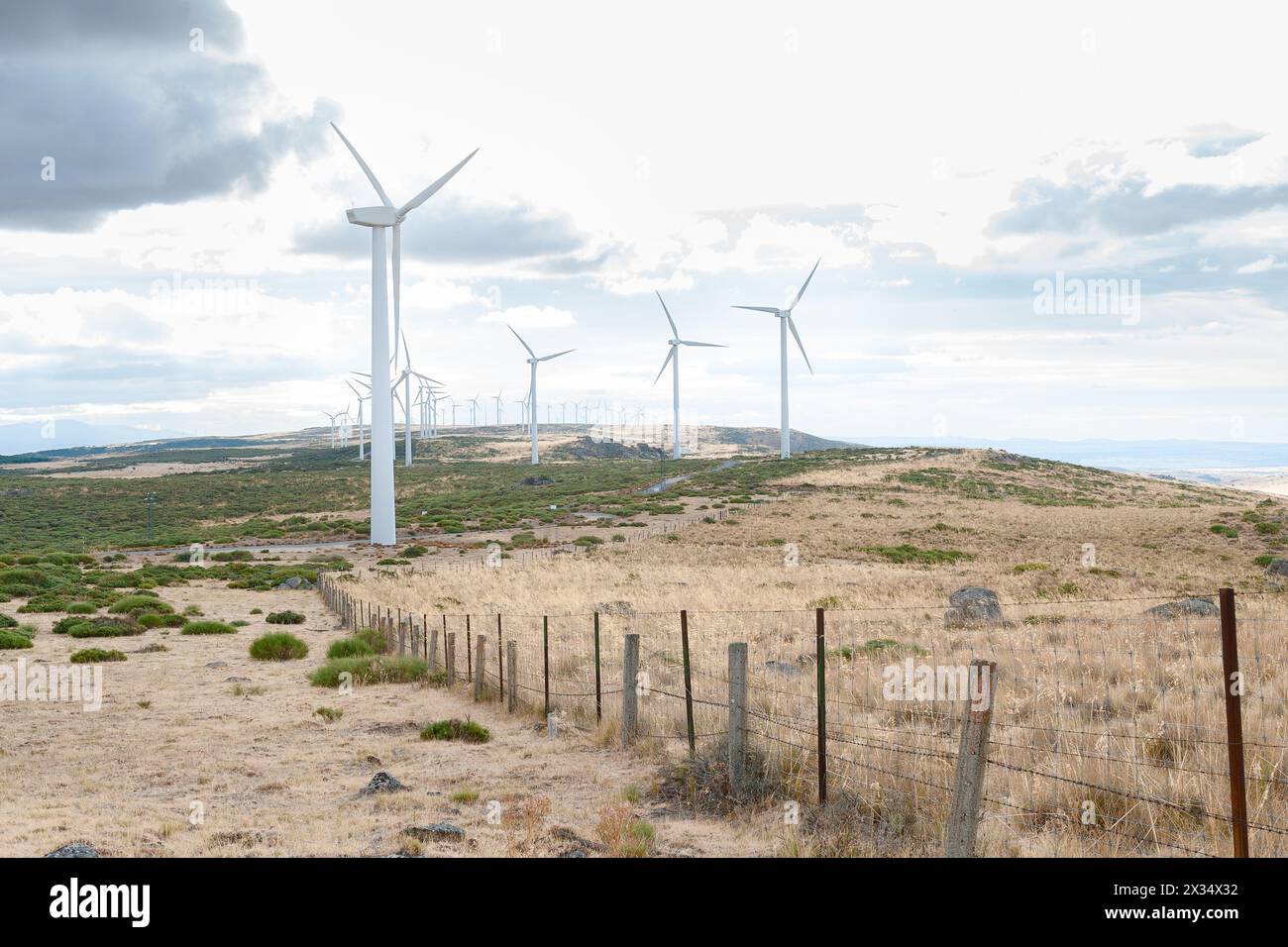 various mountain wind turbine with green grass and cloudy sky Stock ...