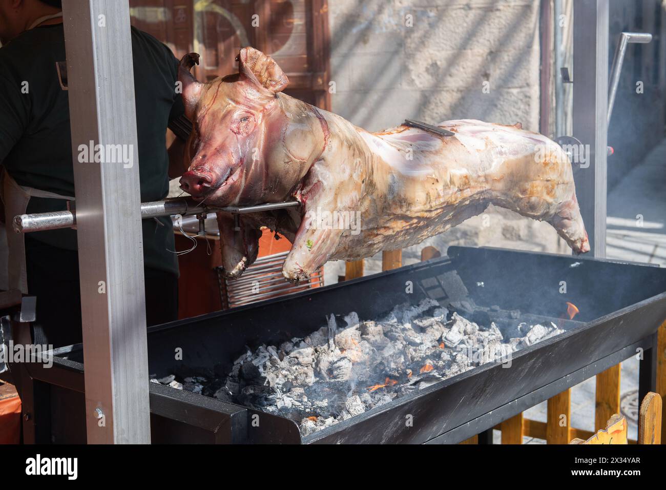 Charcoal grilled pork on barbeque in medieval market Stock Photo - Alamy