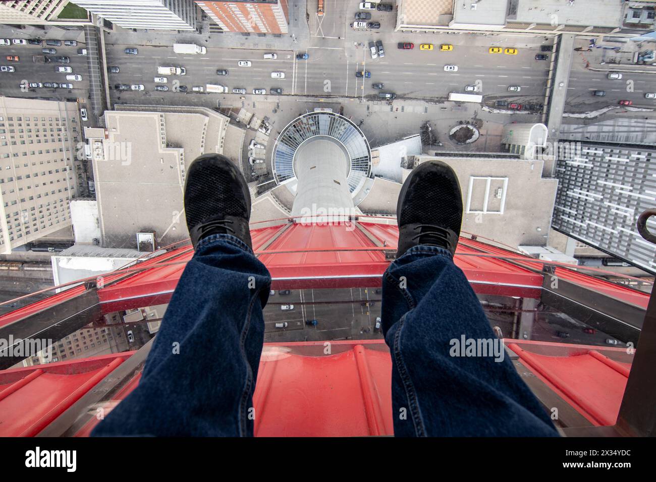 Calgary Alberta Canada, April 05 2024: Look down view standing on the ...