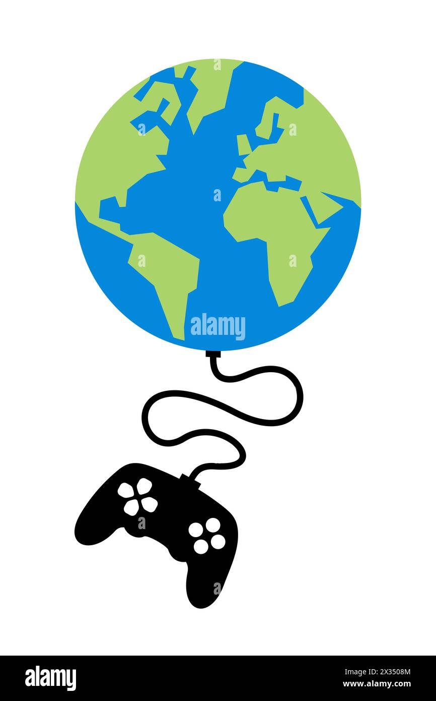 Planet Earth is connected by cable to gamepad and joystick. World as ...