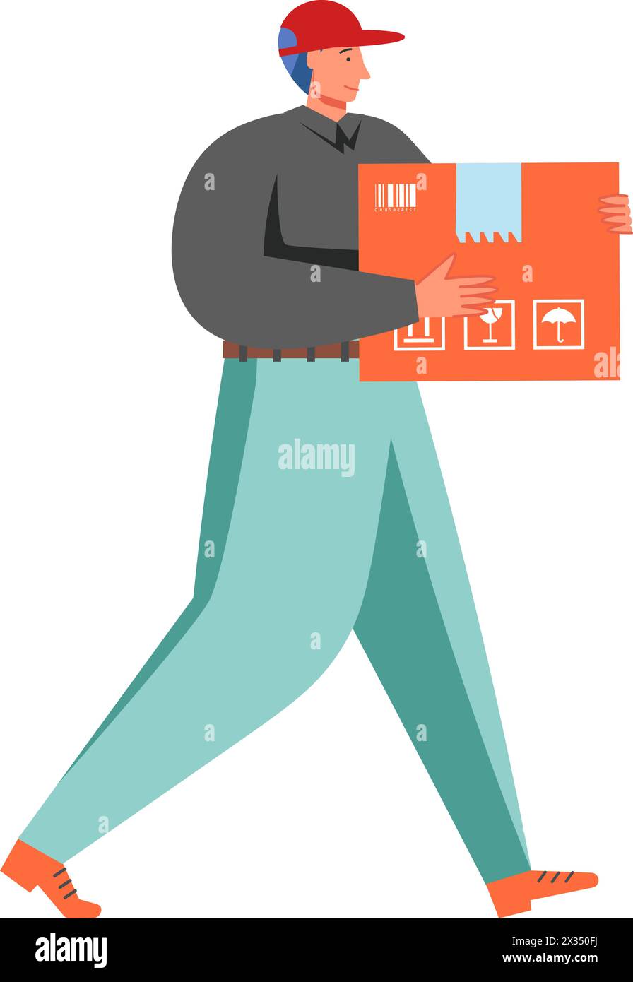 Young man courier carrying parcel, vector flat illustration isolated on ...