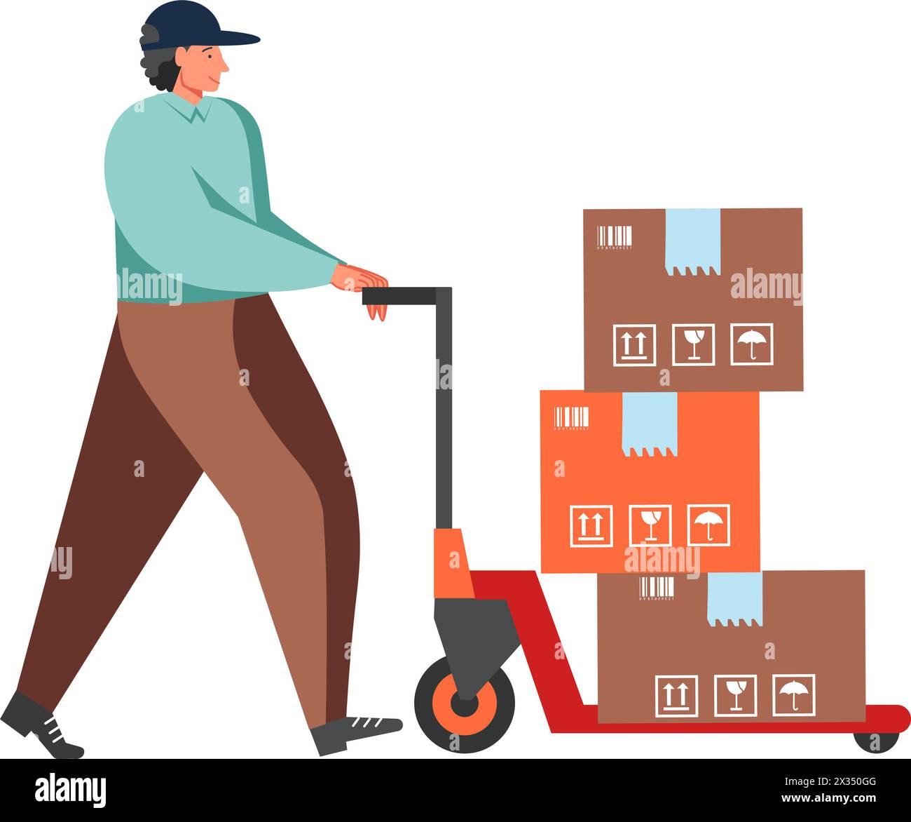 Young man pushing cart with parcels, vector flat illustration isolated ...