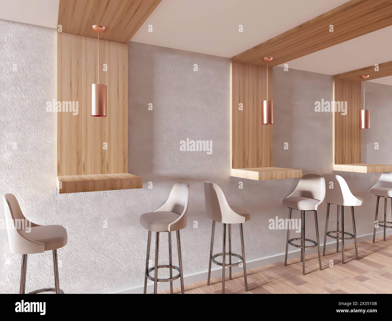 Coffee bar, bakery, shop interior, 3d render, bar tables, chairs, lamps ...