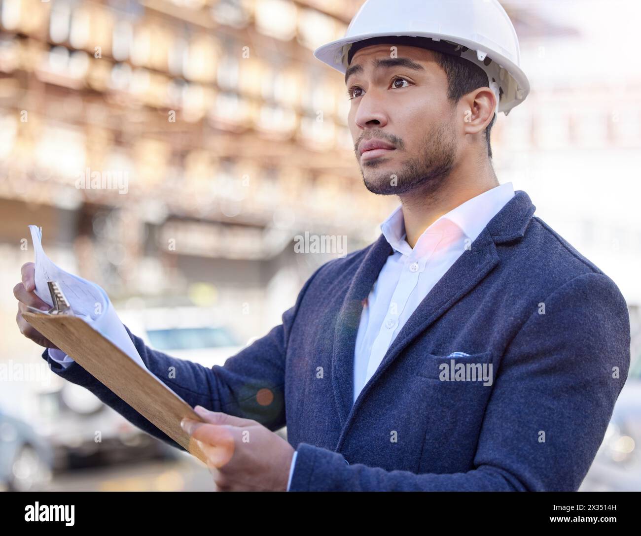 Clipboard, checklist and man with inspection of construction, site and ...