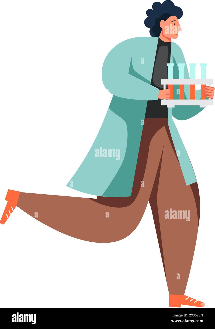 Man lab attendant running with test tubes, vector flat illustration ...