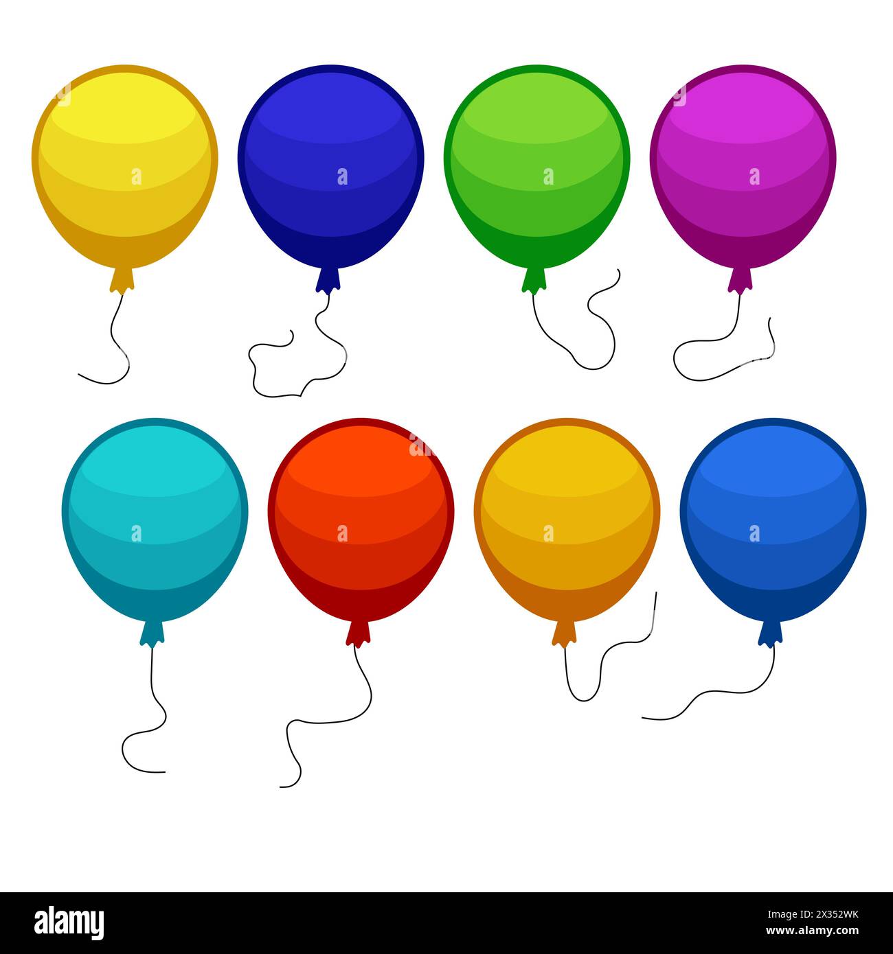 Set of eight colorful balloons with a string isolated on white ...