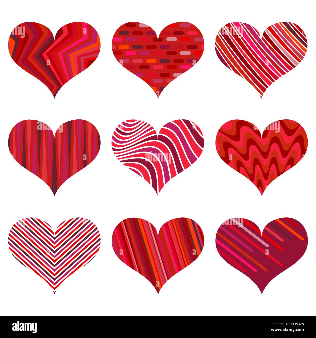 Set of different red hearts. Nine hearts isolated on a white background ...
