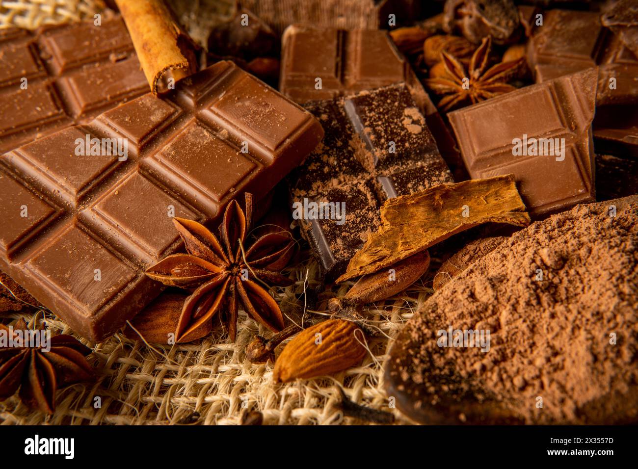Closeup of various types of chocolate with spices. Background for ...