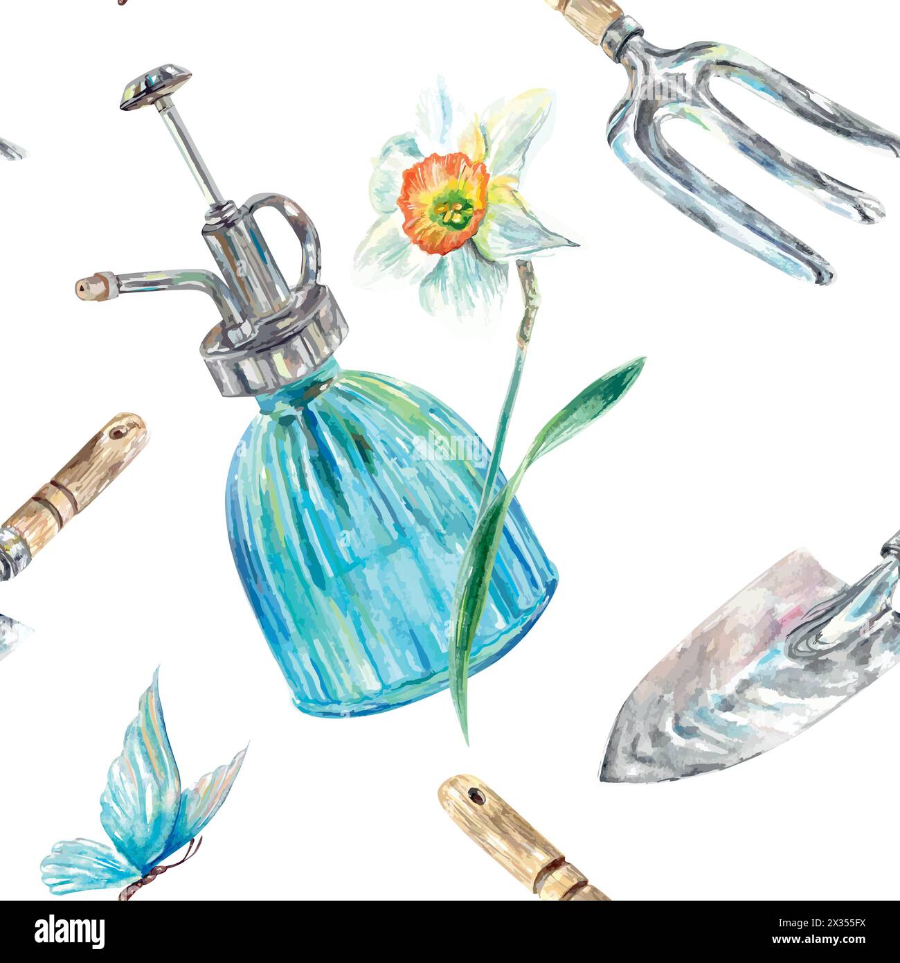 Gardening tools, seamless pattern. Sprayer, spatula, butterfly ...