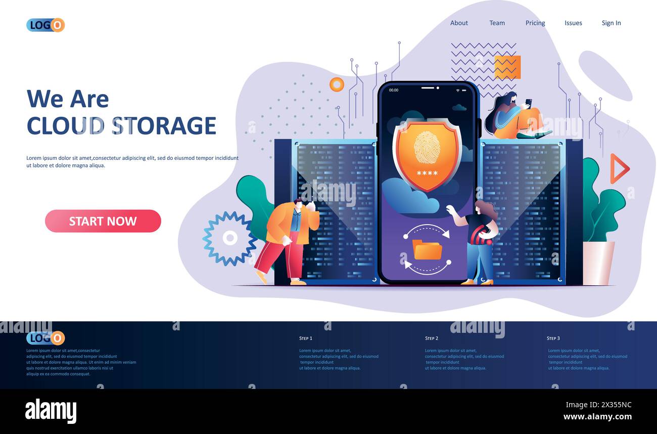 Cloud storage flat landing page template. Data backup mobile app, information security and ...