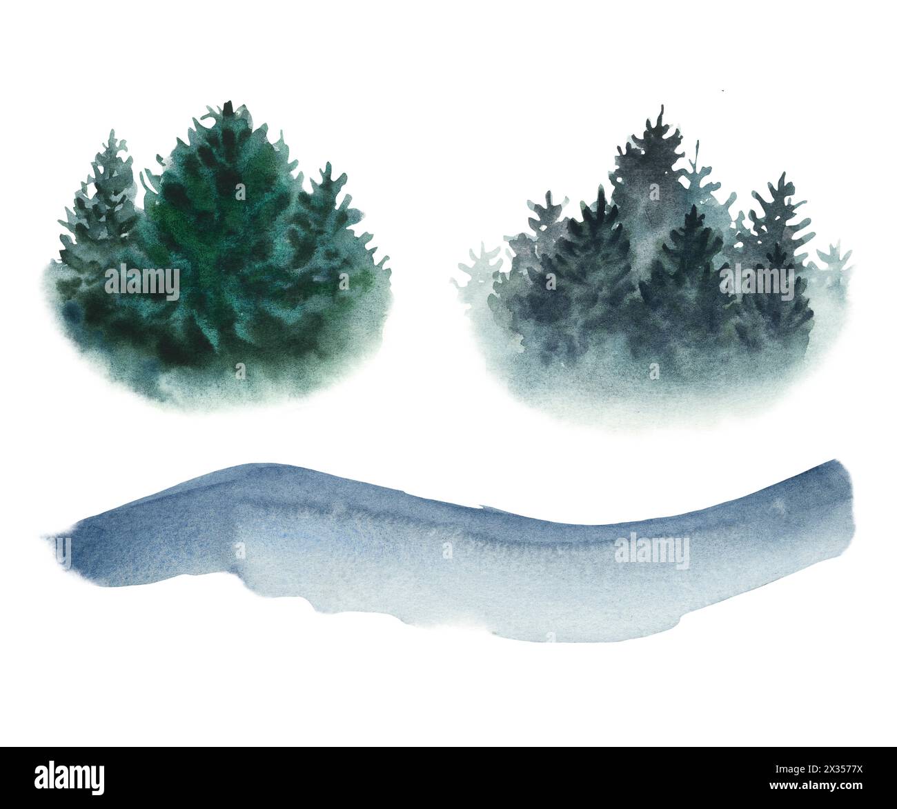 Pine tree set watercolor, minimal style, side view foggy. Fir new year ...
