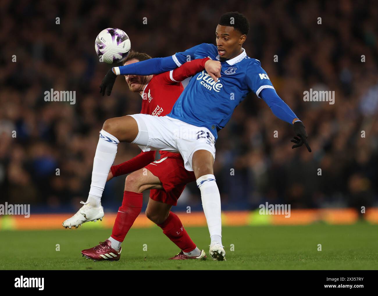 Liverpool, UK. 24th Apr, 2024. Youssef Chermiti of Everton tussles with ...