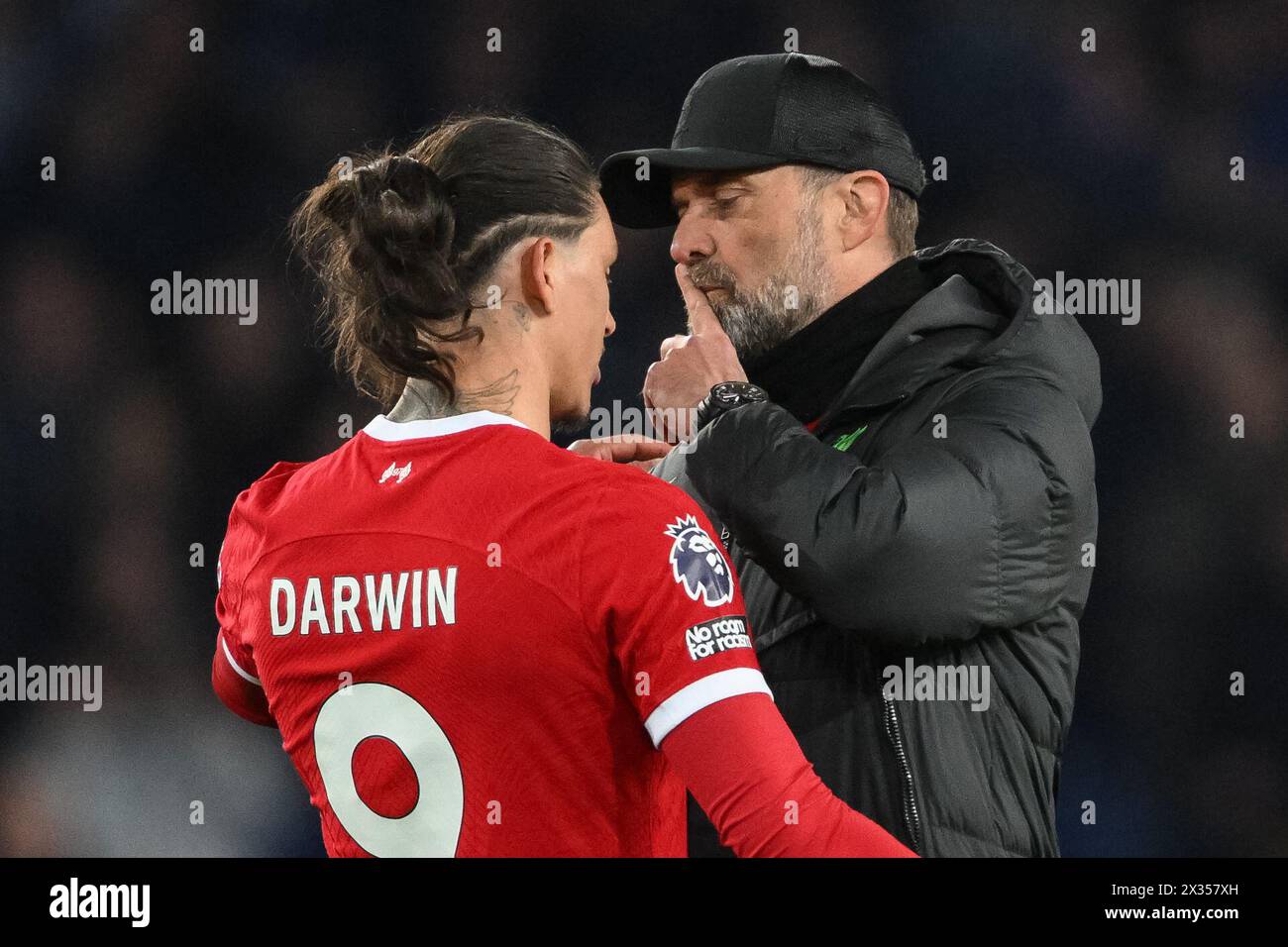 Liverpool, UK. 24th Apr, 2024. Jürgen Klopp Manager of Liverpool gestures to Darwin Núñez of ...