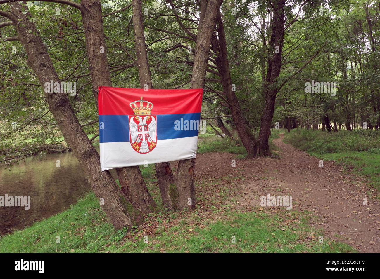 serbian flag along the footpath to the spring of Gradac River, Serbia ...