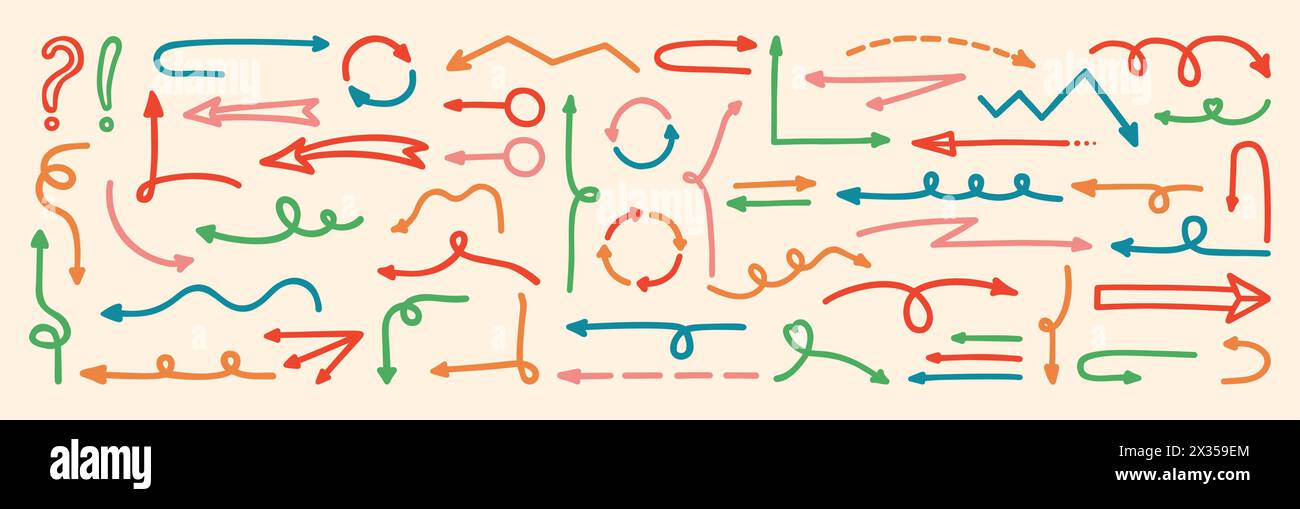 Set of hand drawing arrows doodle bold marker. Childish multi colored ...