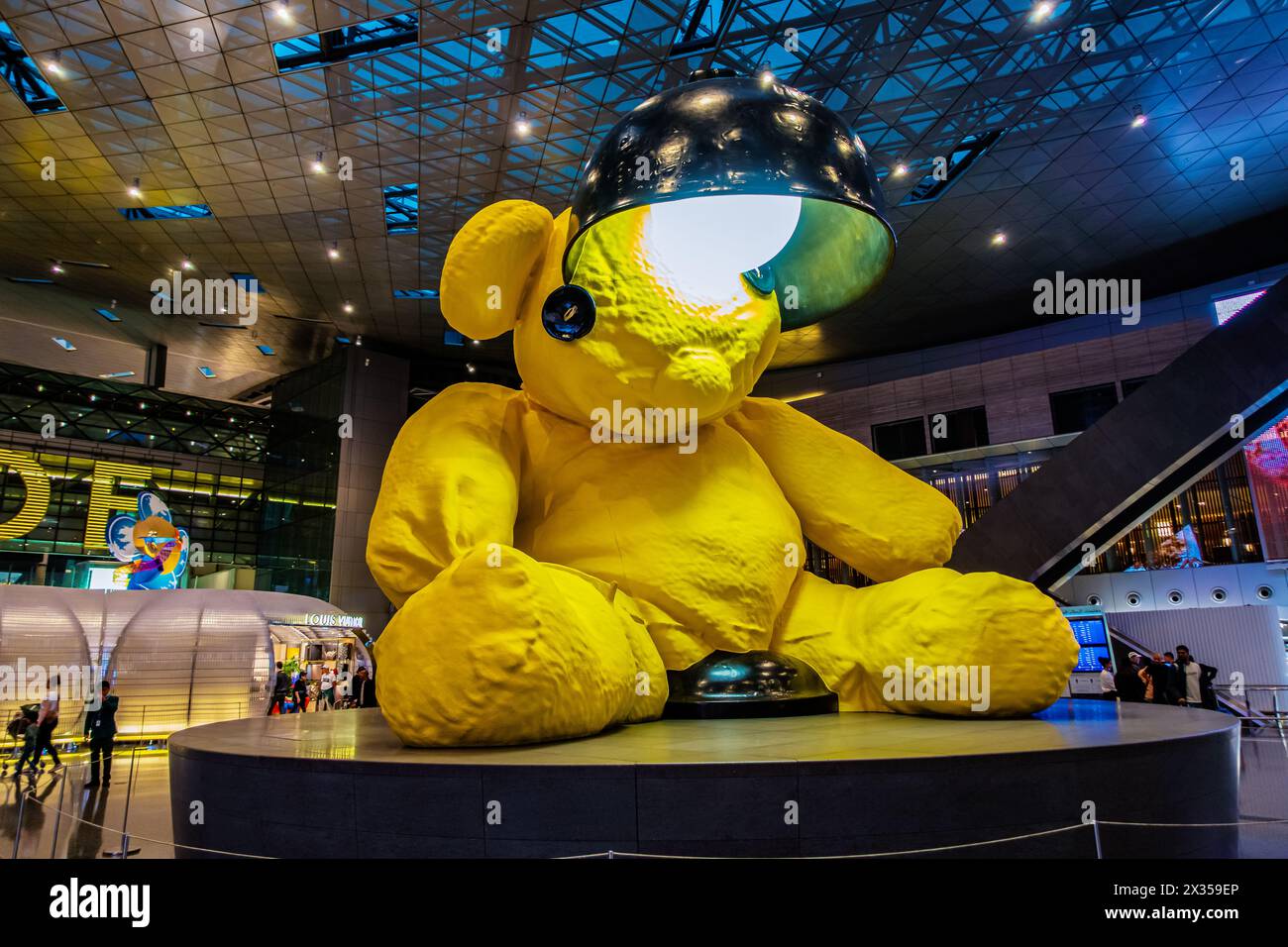 Doha, Qatar 31 January 23. Hamad International Airport, Lamp yellow ...