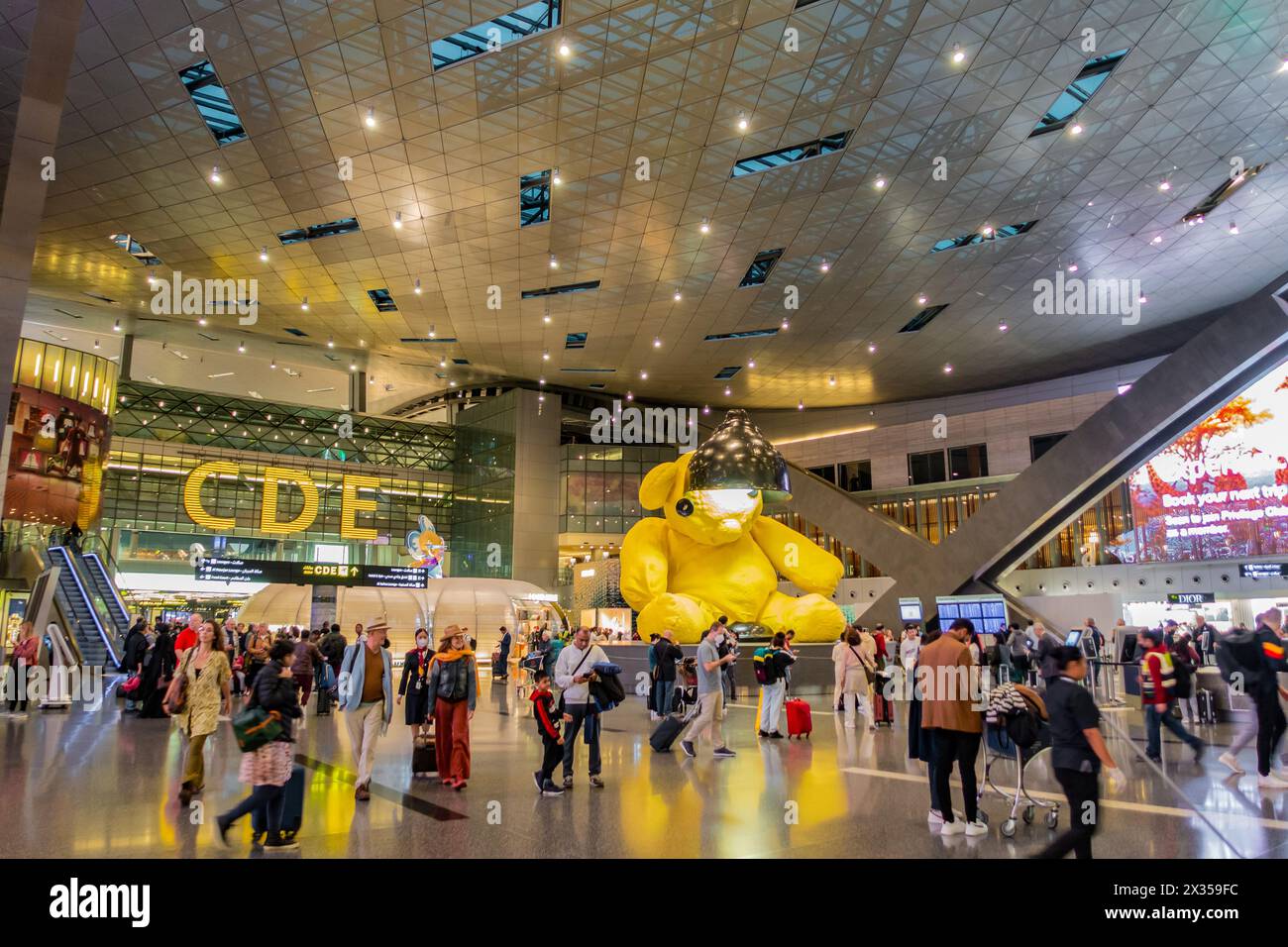 Doha, Qatar 31 January 23. Hamad International Airport, Lamp yellow ...
