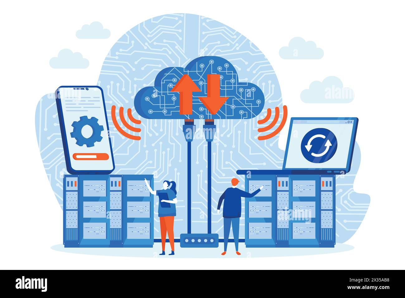 Data Center Web Design Concept With People Characters Server Engineers Work Scene Cloud Data