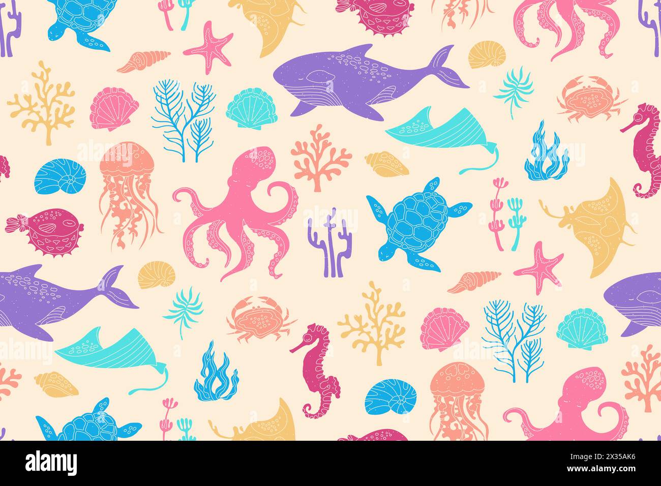 Ocean sea animals grunge seamless pattern. Marine jellyfish, seashell ...