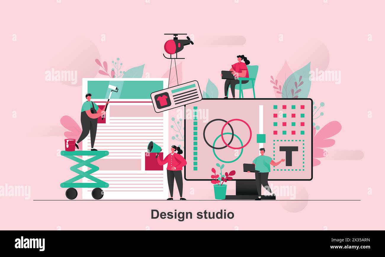Design studio web concept design in flat style. Designers teamwork with ...
