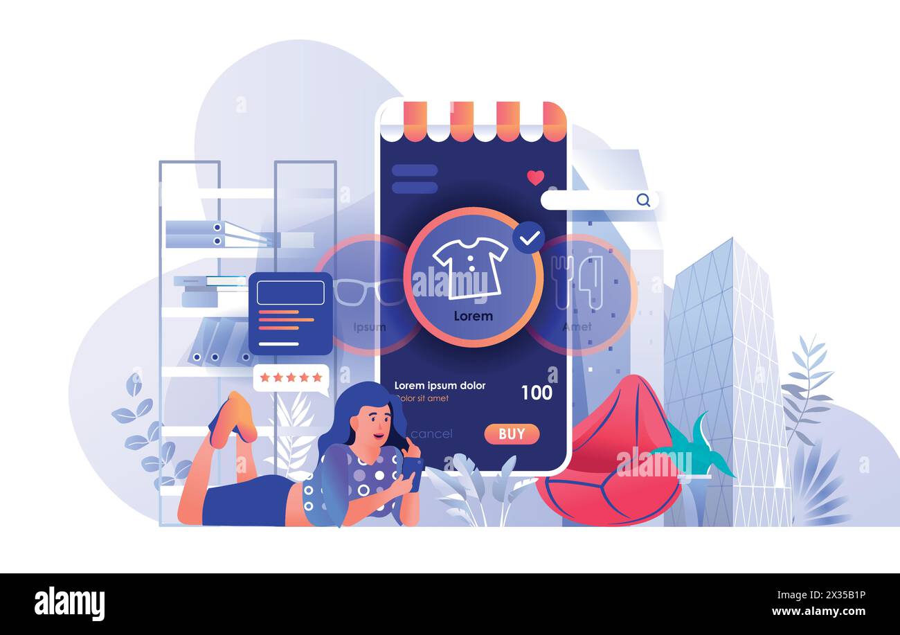 Online shopping scene. Woman chooses new clothes on store website ...