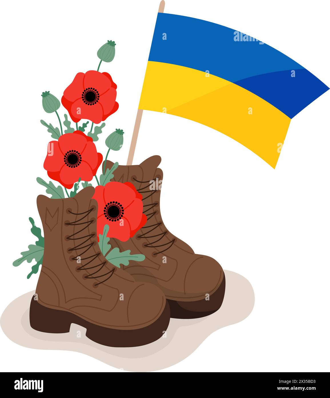 Military veteran boots with bouquet of poppy flowers and yellow-blue ...