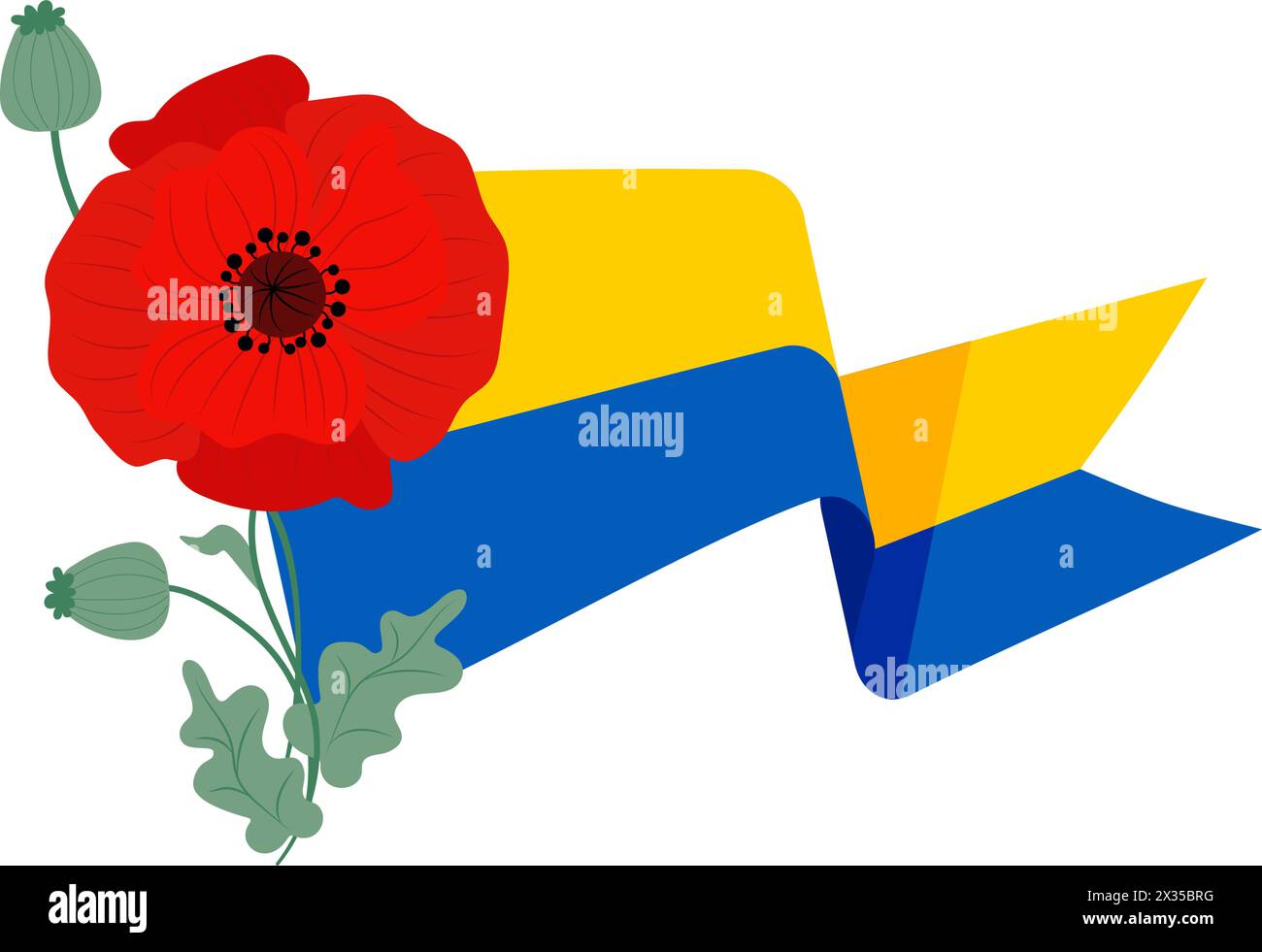 Ukraine yellow and blue flag with Red poppy flower. Vector illustration ...
