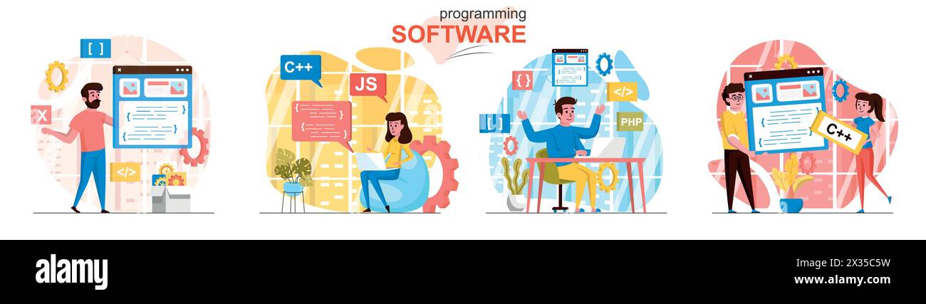 Programming software concept scenes set. Developers code in different ... Programming software concept scenes set. Developers code in different ...