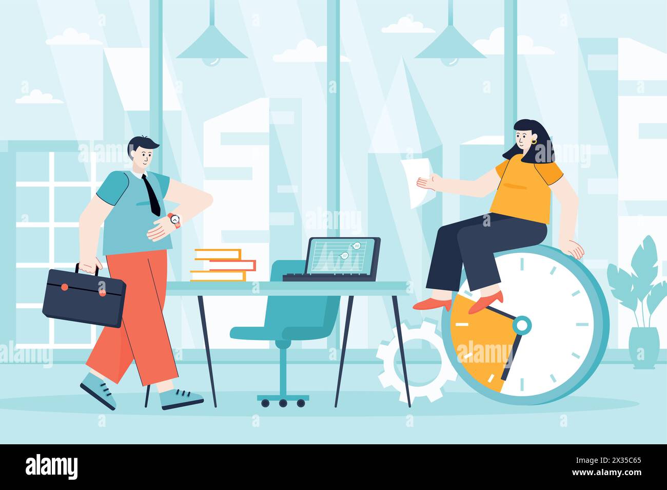 Time management concept in flat design. Colleagues work in office scene ...
