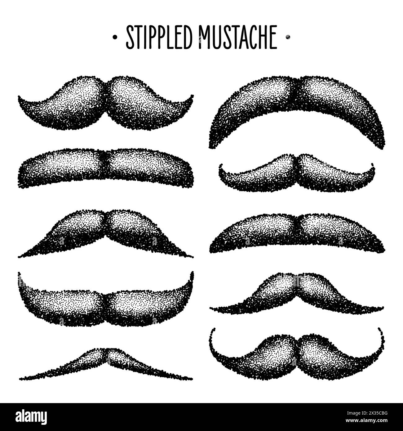 Stippled vintage mustache. Curly facial hair. Hipster beard. Stippling ...
