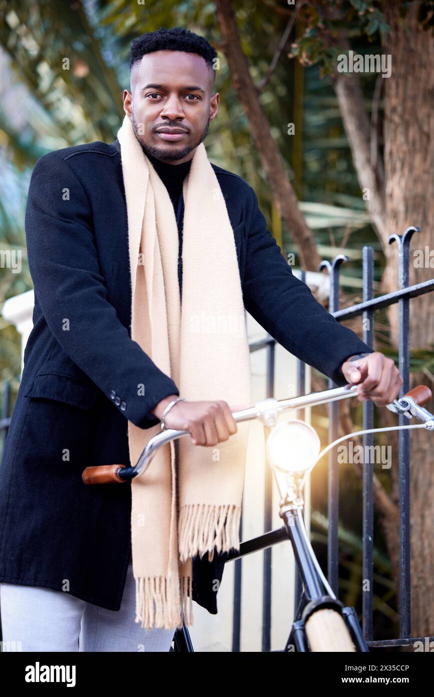 Portrait, business and black man with bicycle for travel, eco friendly ...