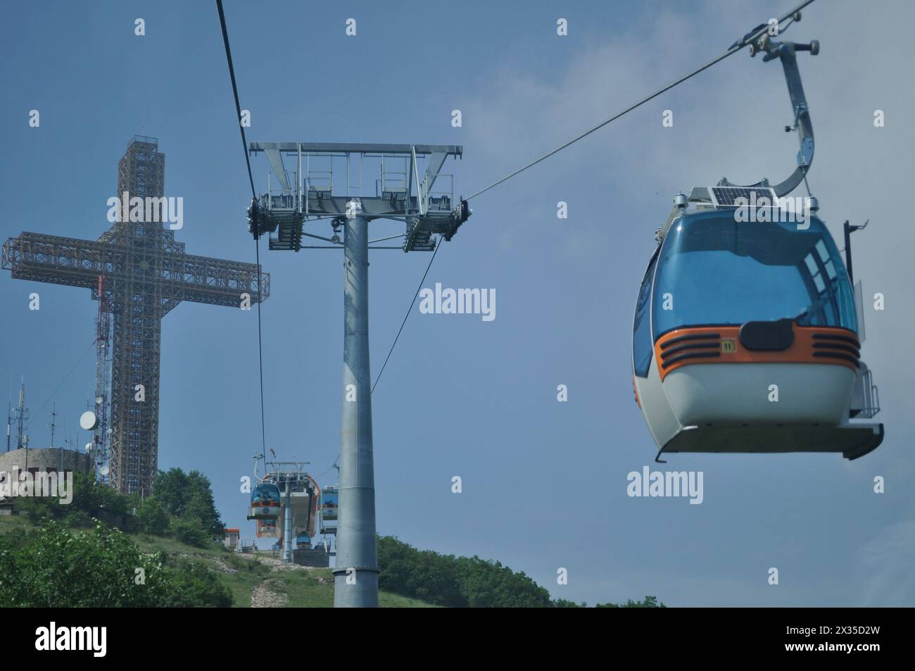 Aerial view of cable car on Vodno mountain and background of capital ...