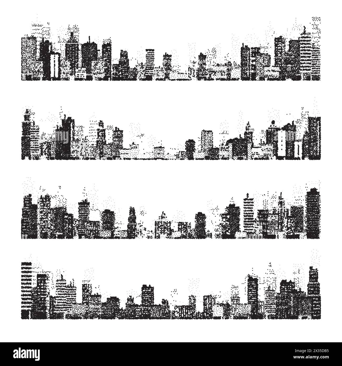 Stippled city silhouettes. Cityscape, town skyline. Midtown, downtown ...