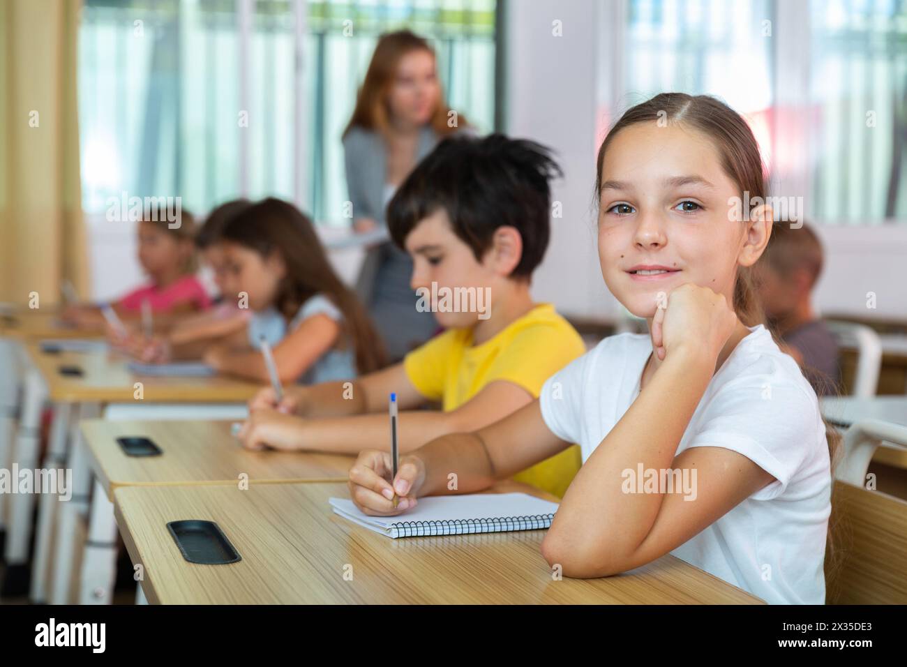 Smiling diligent tween schoolgirl studying with classmates Stock Photo ...
