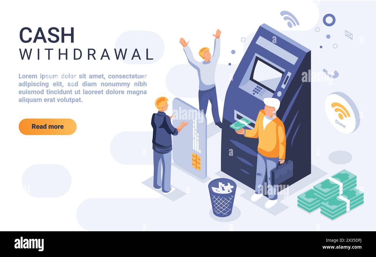 Cash withdrawal landing page vector template with isometric ...
