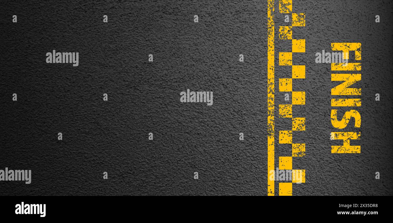 Asphalt road with yellow finish line marking, concrete highway surface ...